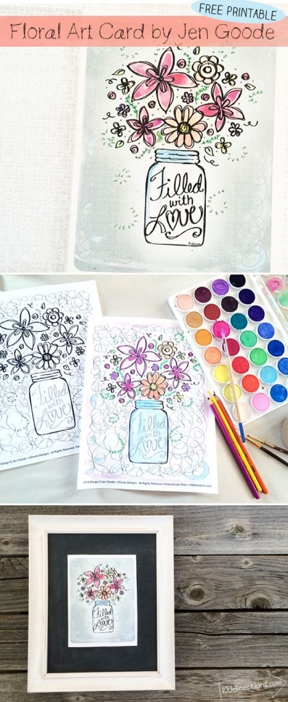 Floral Art Card Printable and Coloring Page - 100 Directions