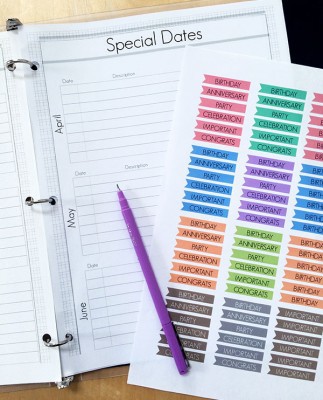 Special Dates printable planner page - 100 Directions