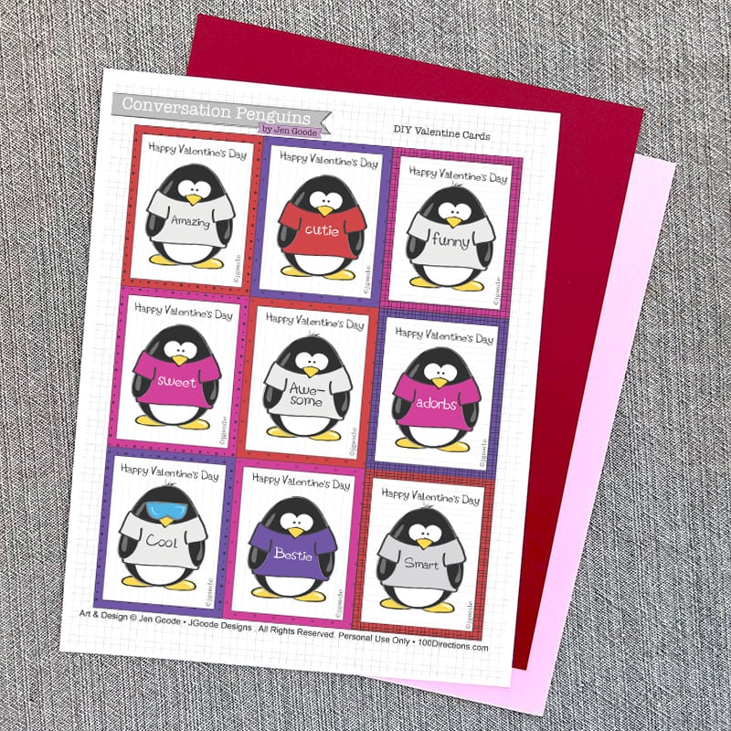 Free Printable Conversation Penguin Valentines - 100 Directions